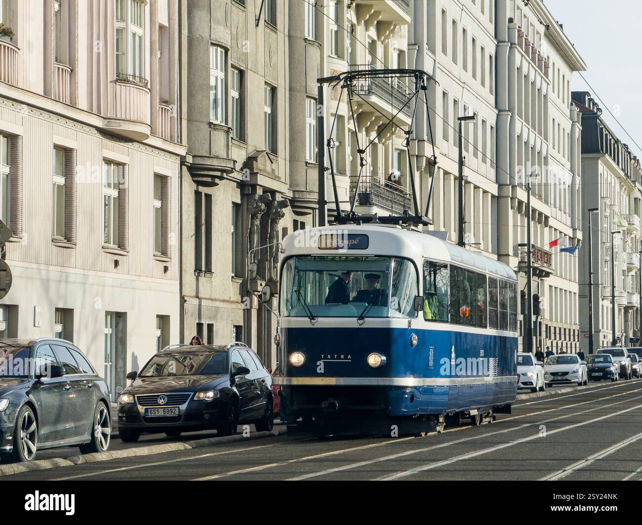 Prague, Czech republic - January 30, 2025. Historic blue tramway Tatra ...