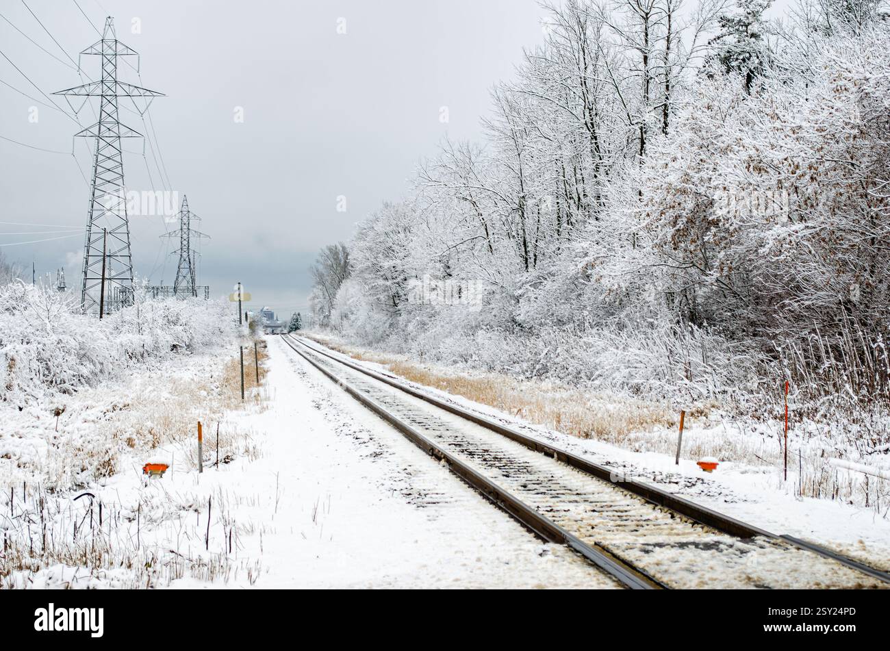 Train tracks leading off into a snowy, frozen landscape with hydro ...