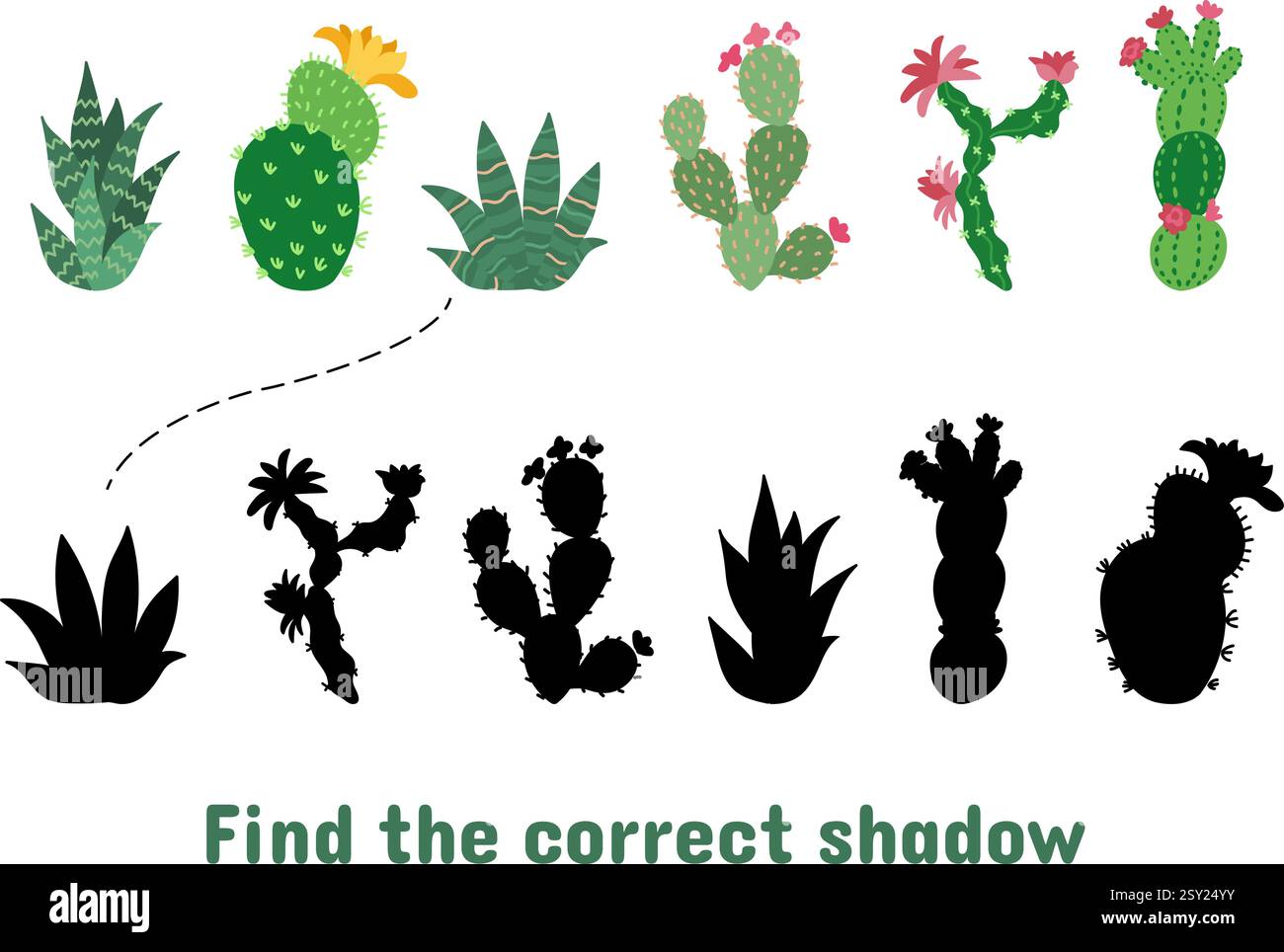 Game find correct shadow for toddlers. Isolated cartoon green cactus ...