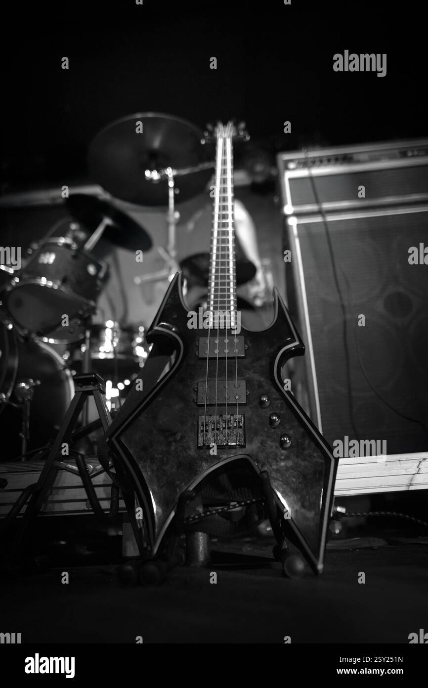A black and white photograph of a uniquely designed heavy metal bass ...