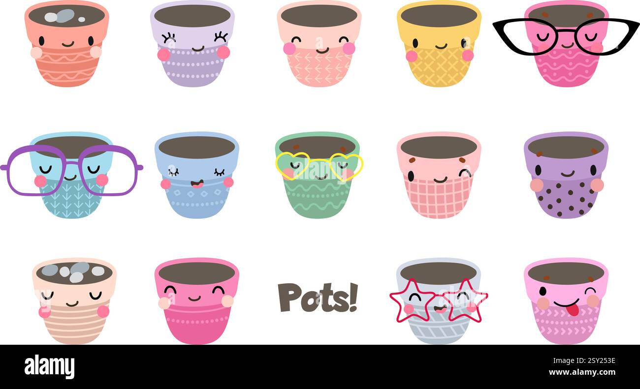 Kawaii cute pots characters. Isolated plant pot with different emotions ...