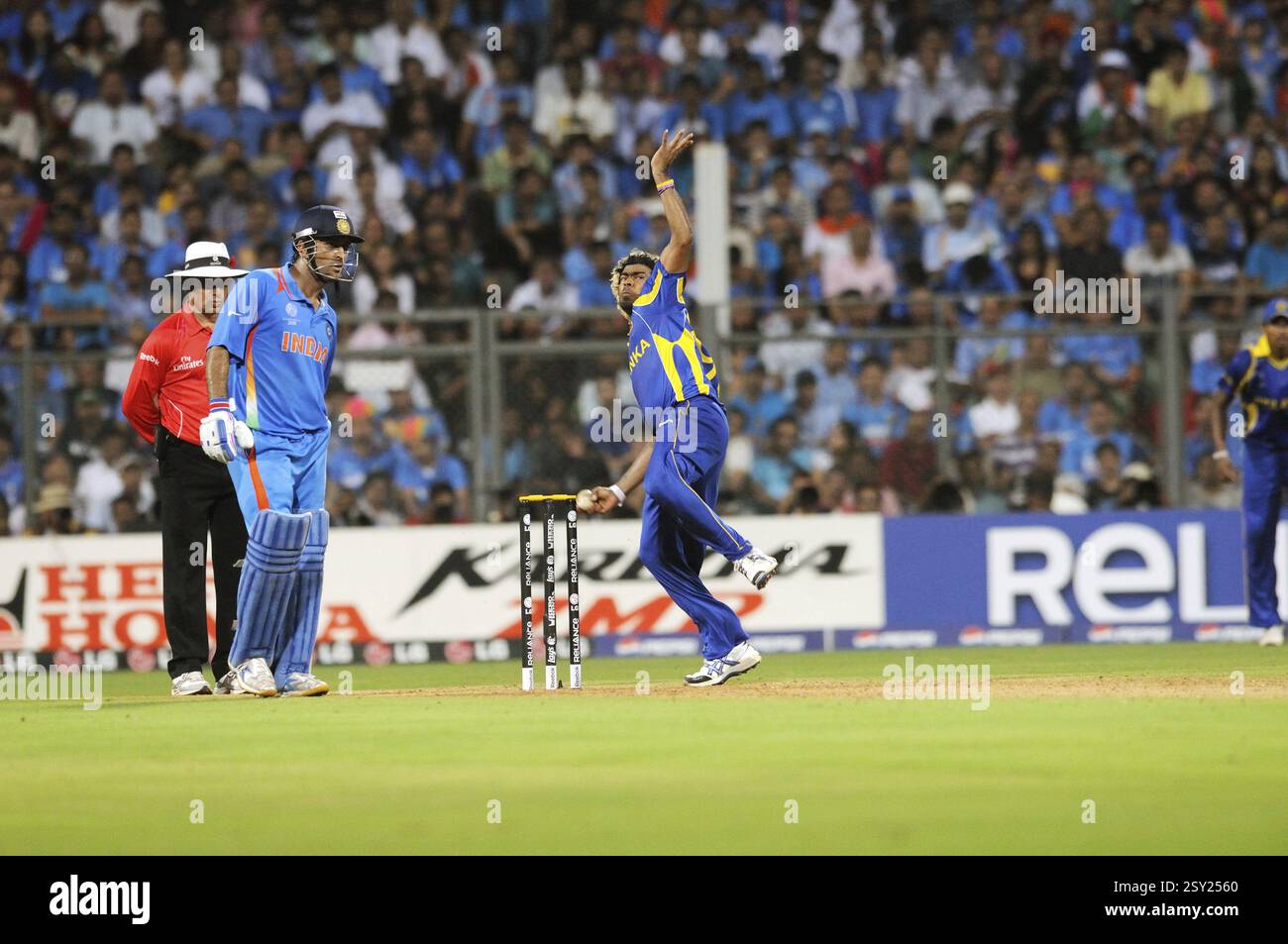 Sri Lankan bowler Lasith Malinga bowls Indian batsman M S Dhoni 2011 ICC World Cup Final India ...