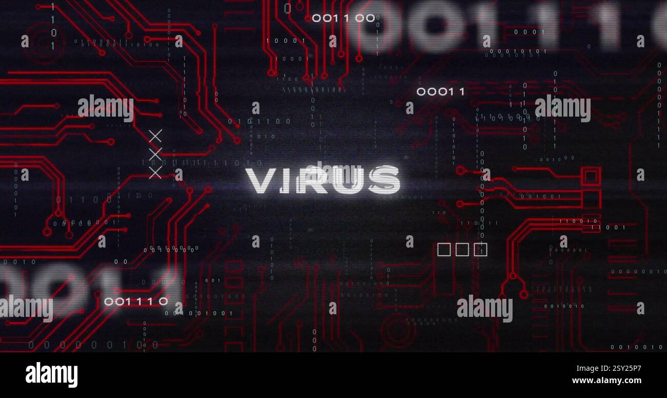 Red circuit board and binary code with VIRUS text image Stock Photo - Alamy