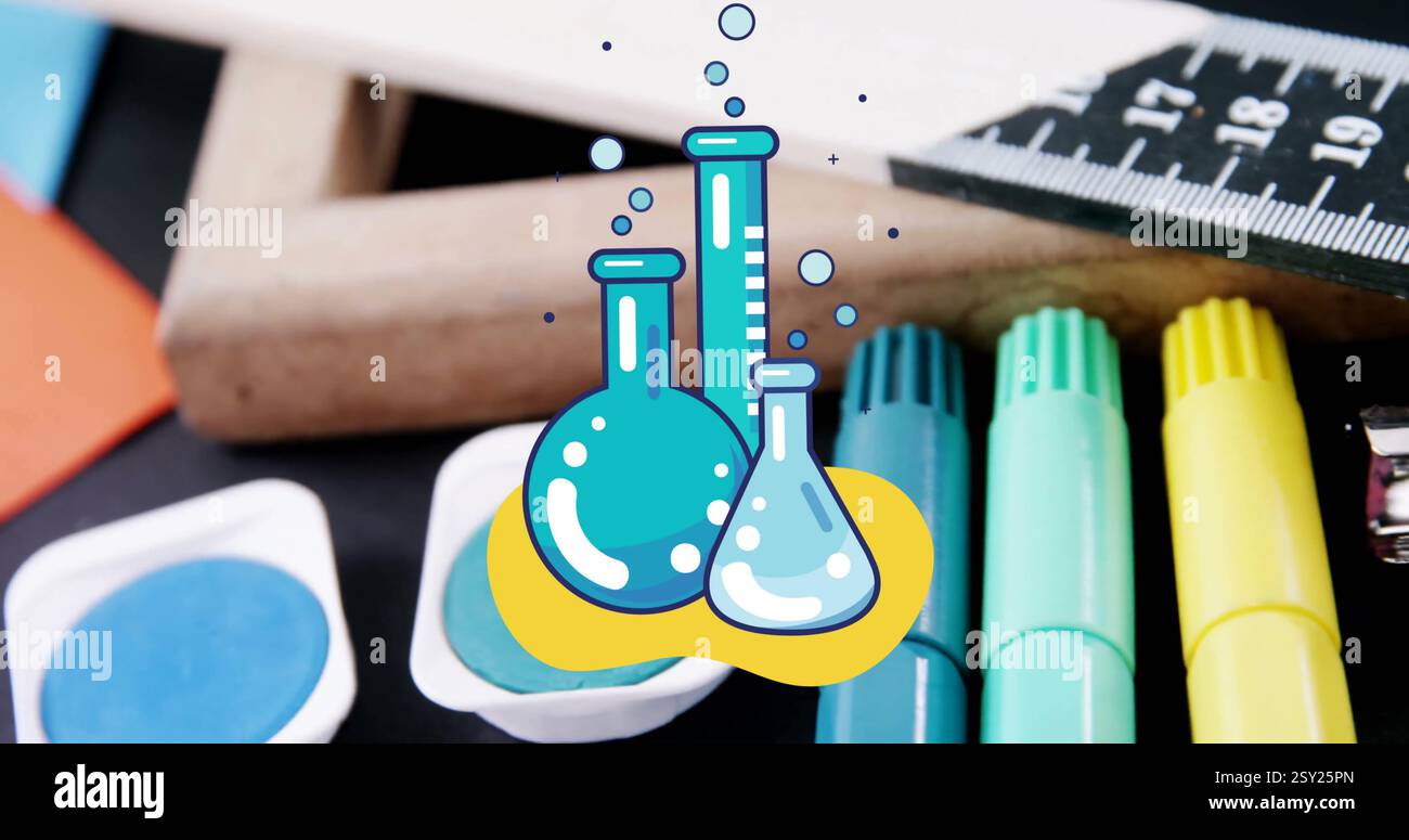 Image of laboratory beakers over school items Stock Photo - Alamy