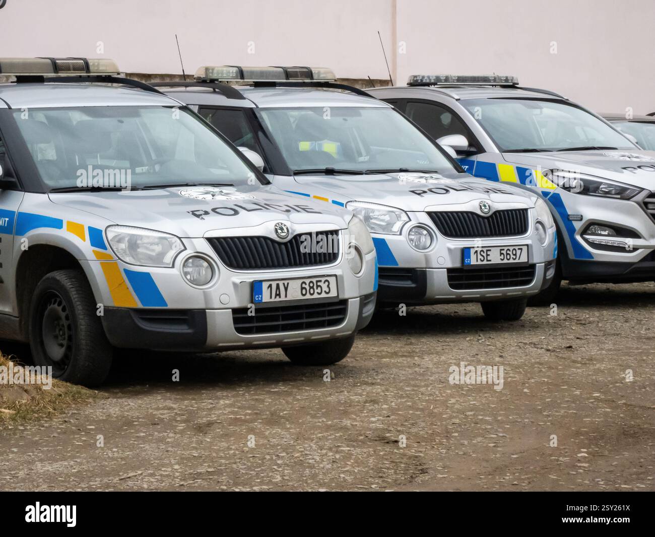 Prague, Czech republic - February 17, 2020. Three branded czech police ...