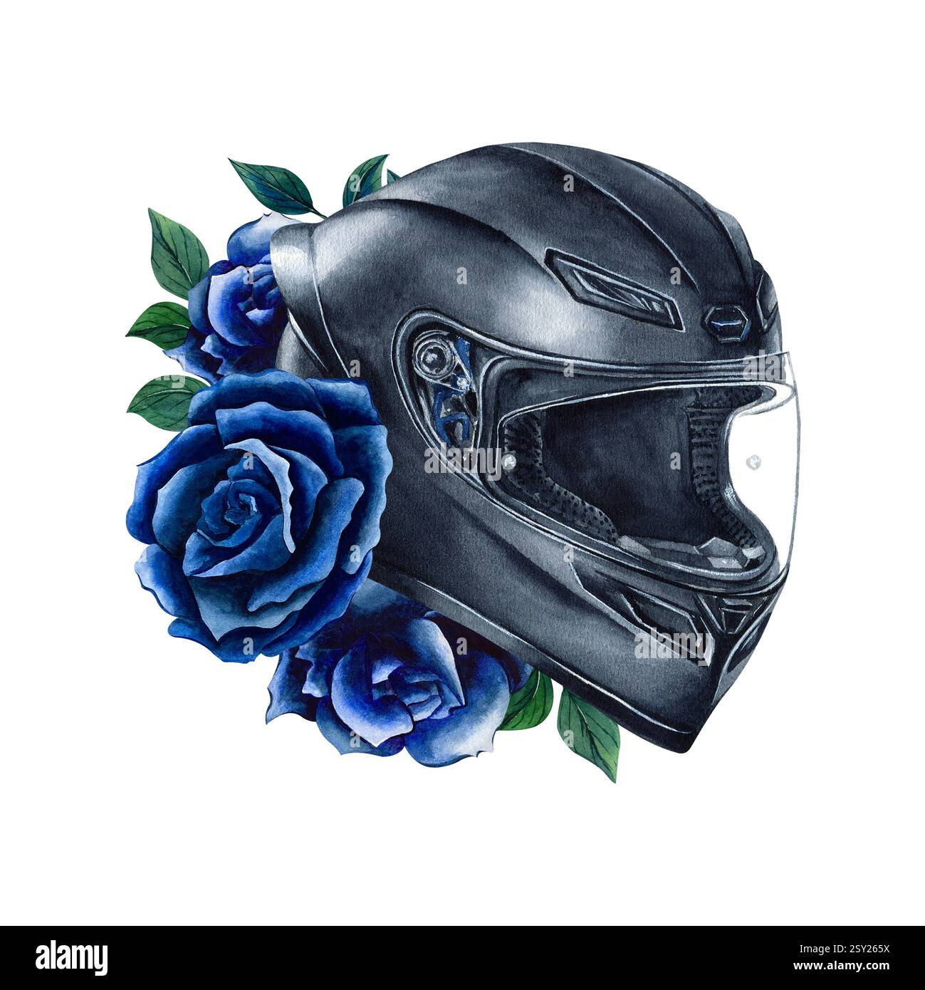 Motorcyclist helmet with flowers. Crash helmet, blue roses. Moto gear ...