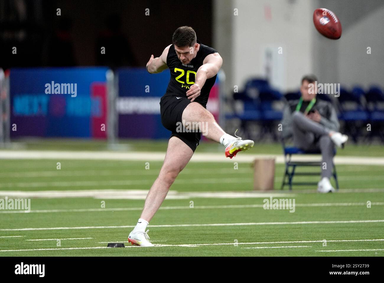 Kicker Mark McNamee, from Ireland, participates in a drill at the NFL ...