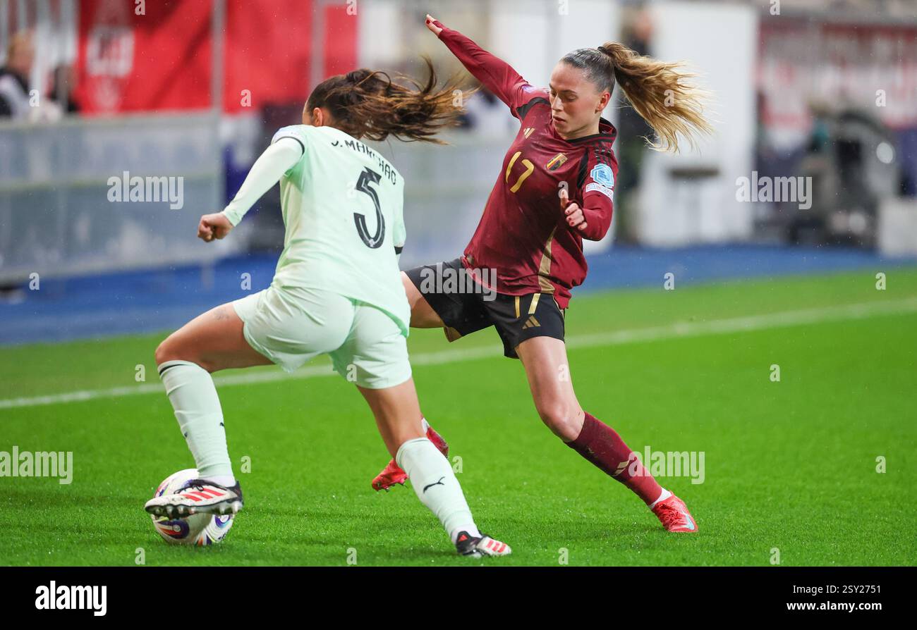 Leuven, Belgium. 26th Feb, 2025. Portugal's Joana Marchao and Belgium's ...