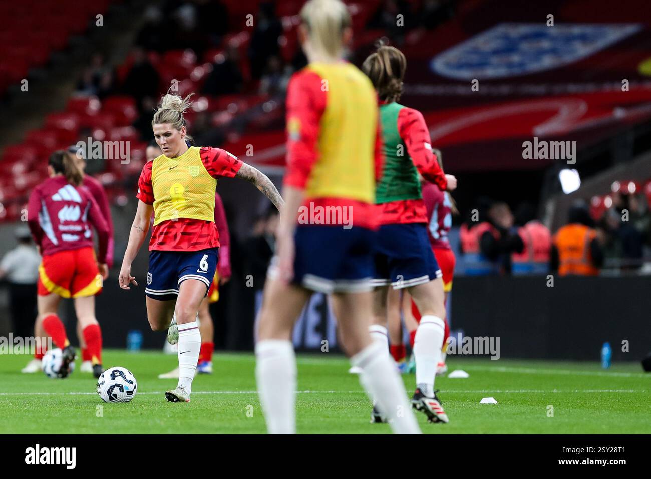 London, UK. 26th February, 2025. Millie Bright (ENG) warms up prior to ...
