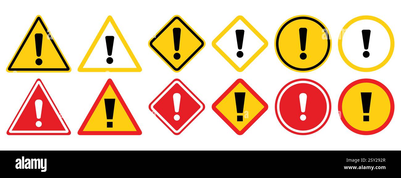 Caution warning signs set. Simple yellow and red stop road signs with ...