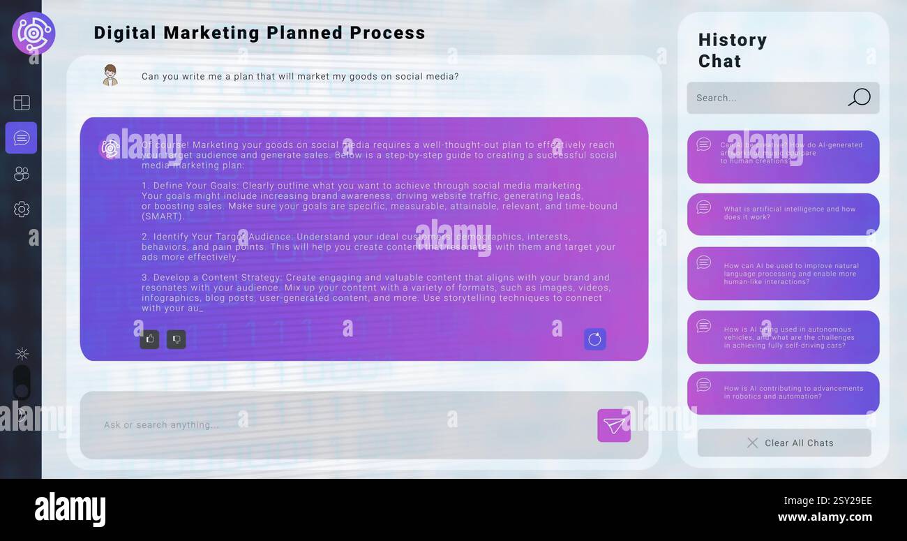Image of digital data processing and ai chat on purple screen ...