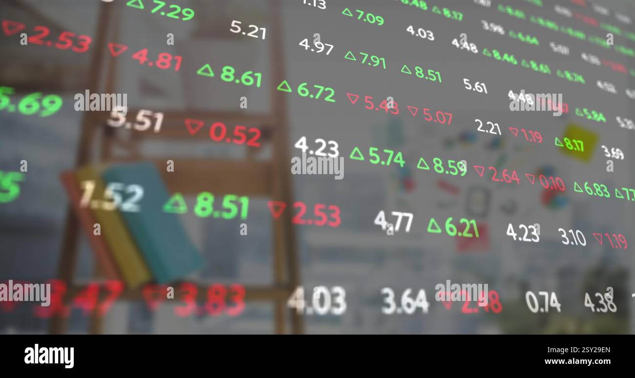 Image of stock market and diagrams over empty office Stock Photo - Alamy