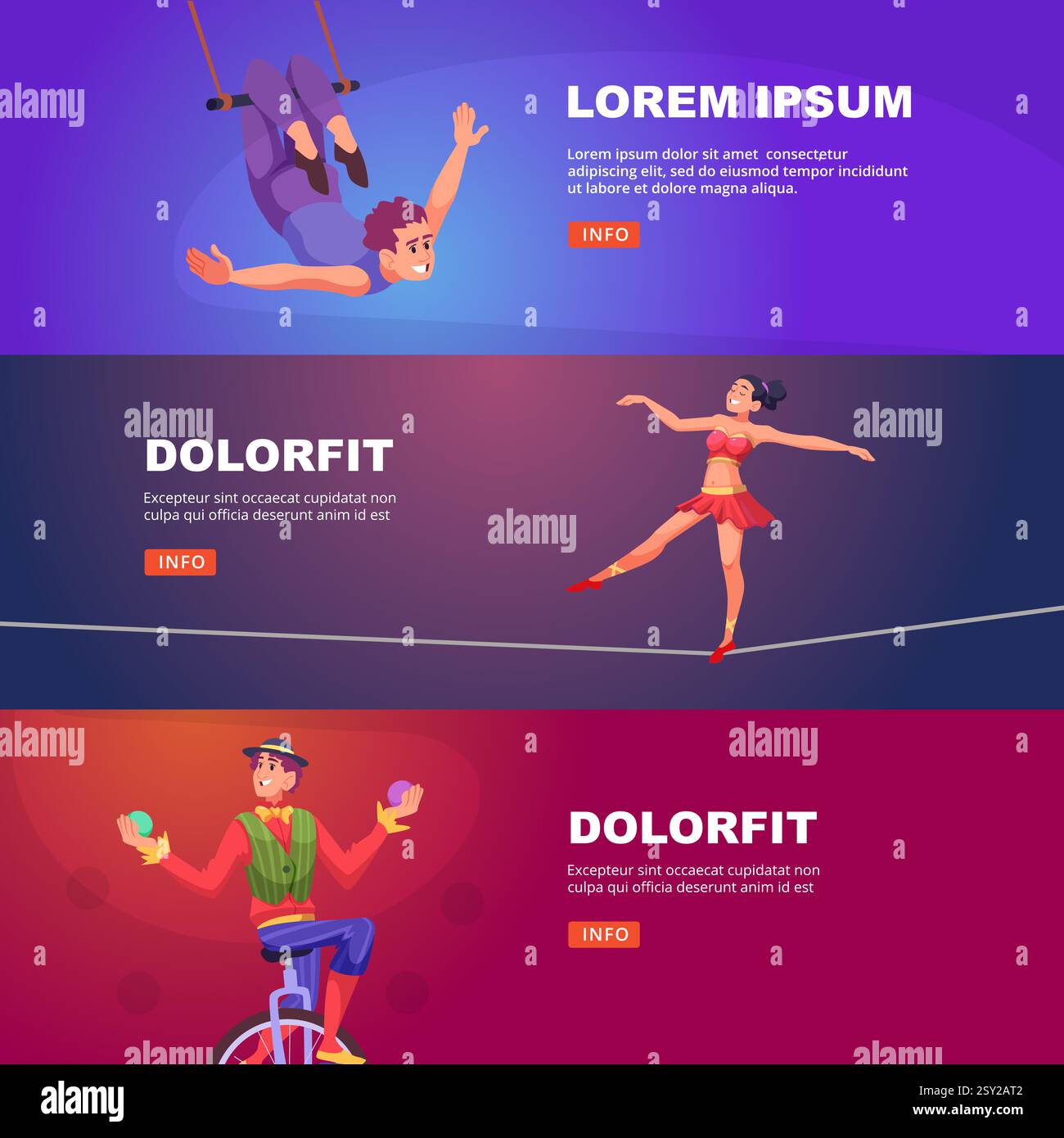 Circus banners. performance circus show artists clowns and flying ...