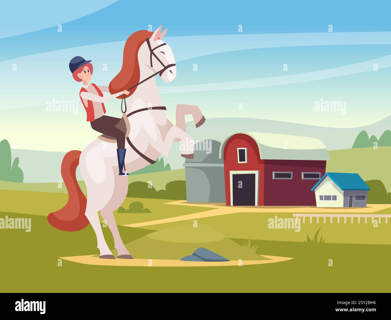 Equestrian. female happy sitting on white horse. cartoon background ...