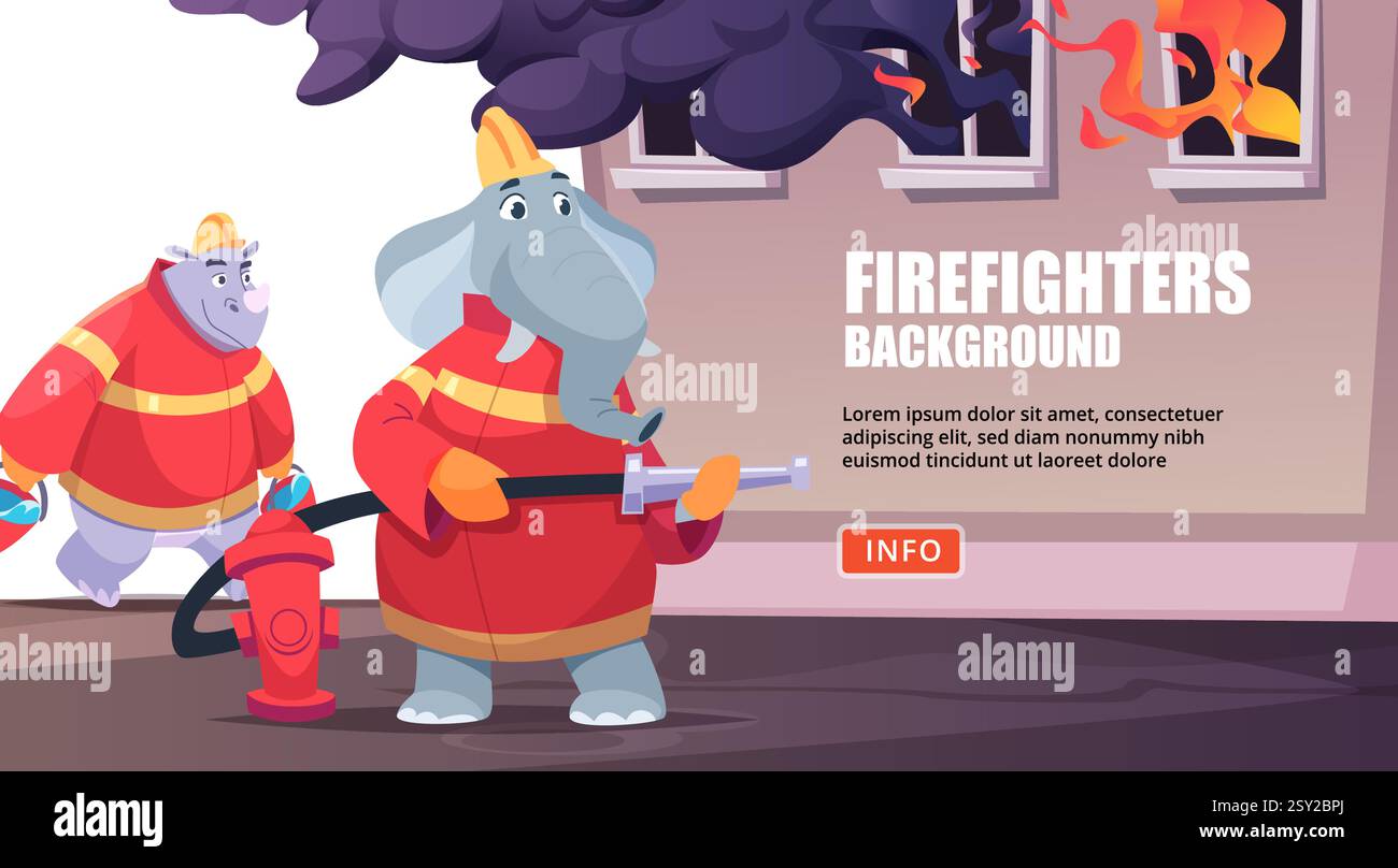 Firefighters animals. elephant and rhinoceros putting out fire Stock ...