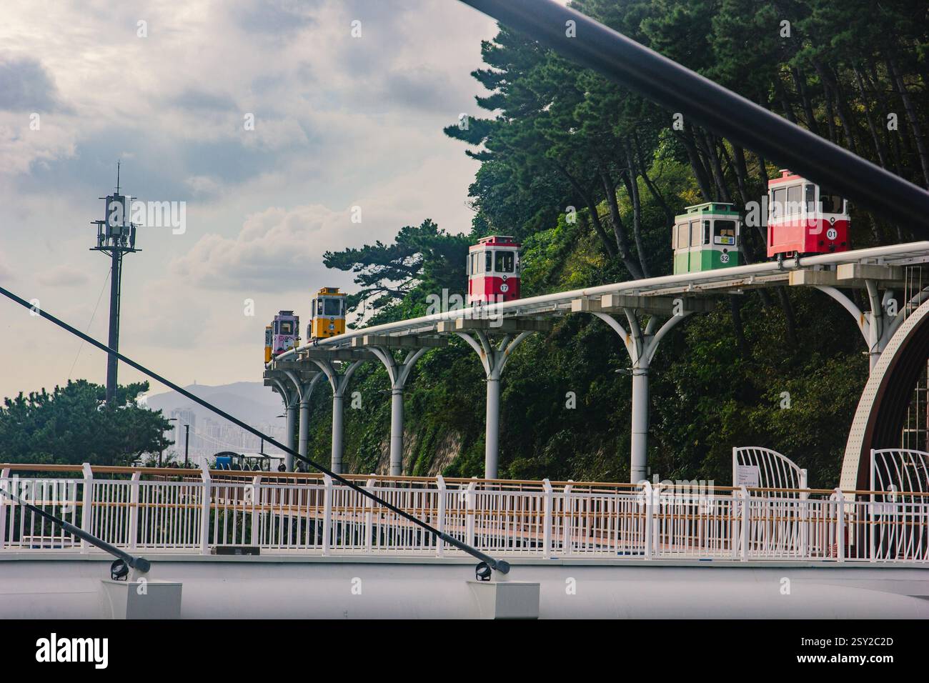 Busan, South Korea - October 29, 2024: Colorful sky capsule trains on ...