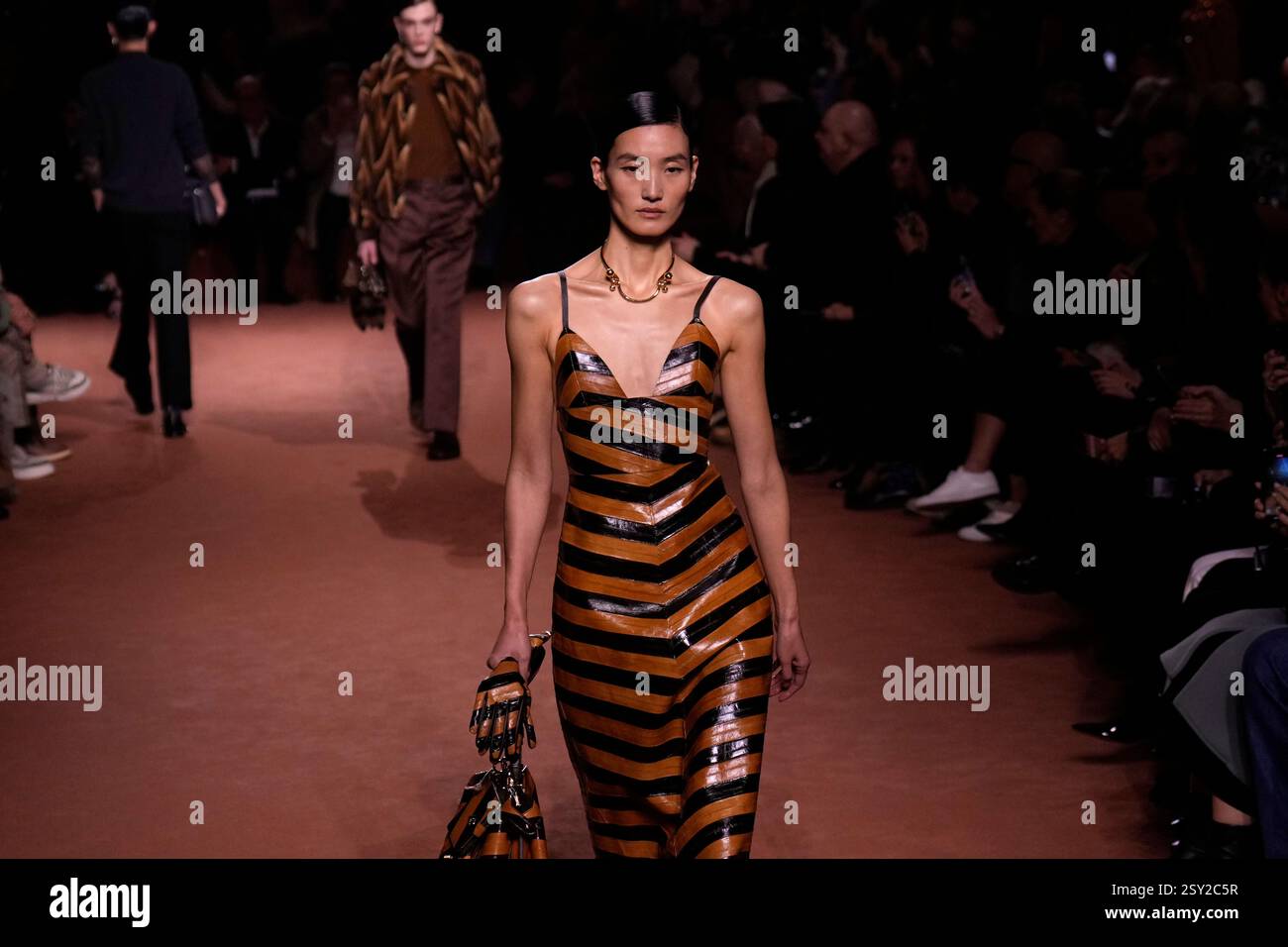 A model wears a creation of the Fendi Fall/Winter 2025-2026 women's collection presented in ...