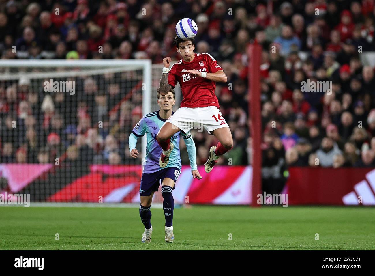 Nottingham, UK. 26th Feb, 2025. Nicol‡s Dom'nguez of Nottingham Forest heads the ball during the ...