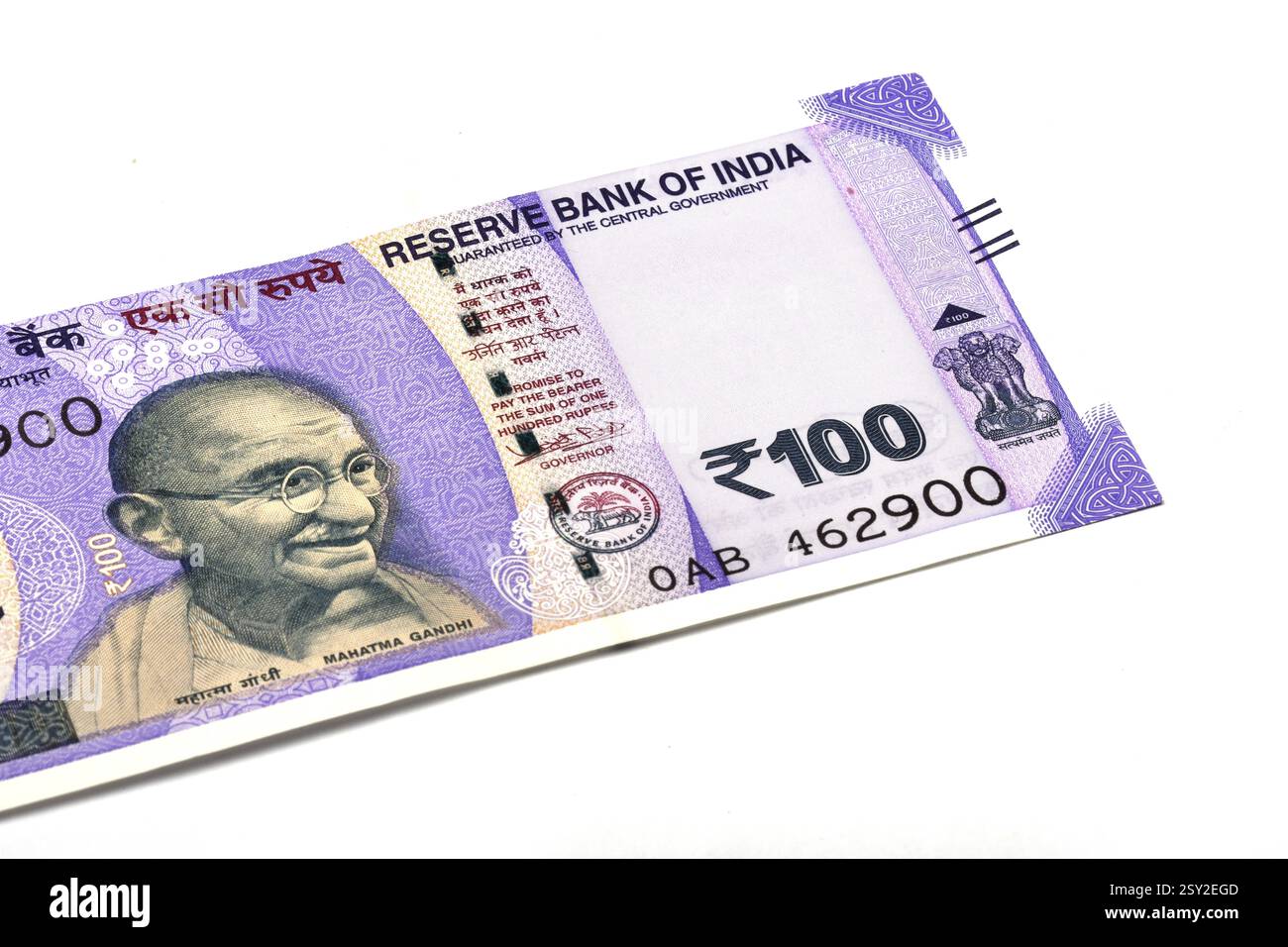 New Indian currency of 100 rupee note on white isolated background ...