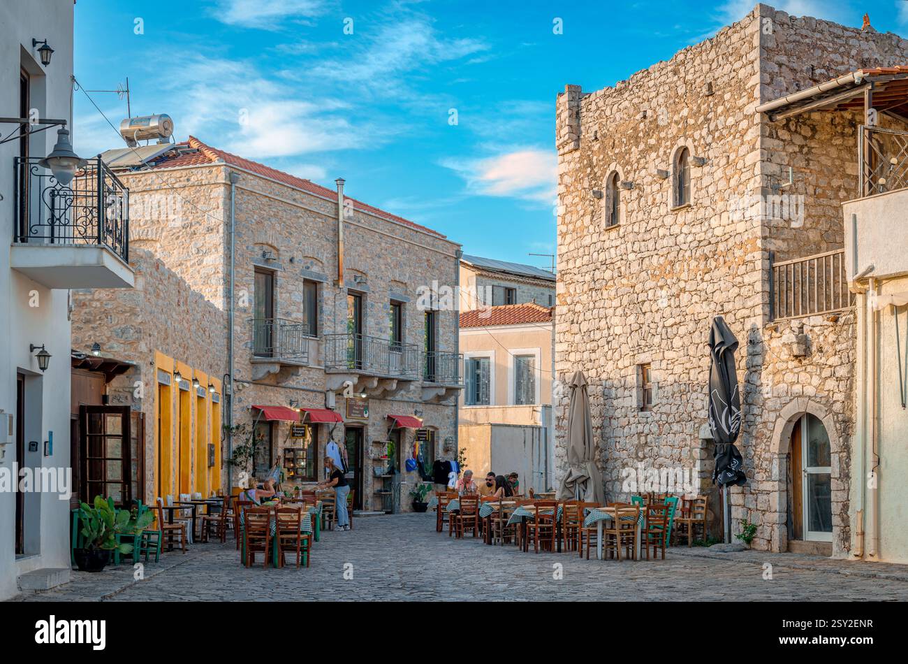 Kapetan Matapa St., the main cobblestone street of Areopolis, in Mani ...