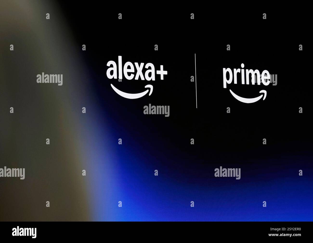 The Amazon Prime logo and Alexa + logos are displayed during an Amazon Devices launch where ...