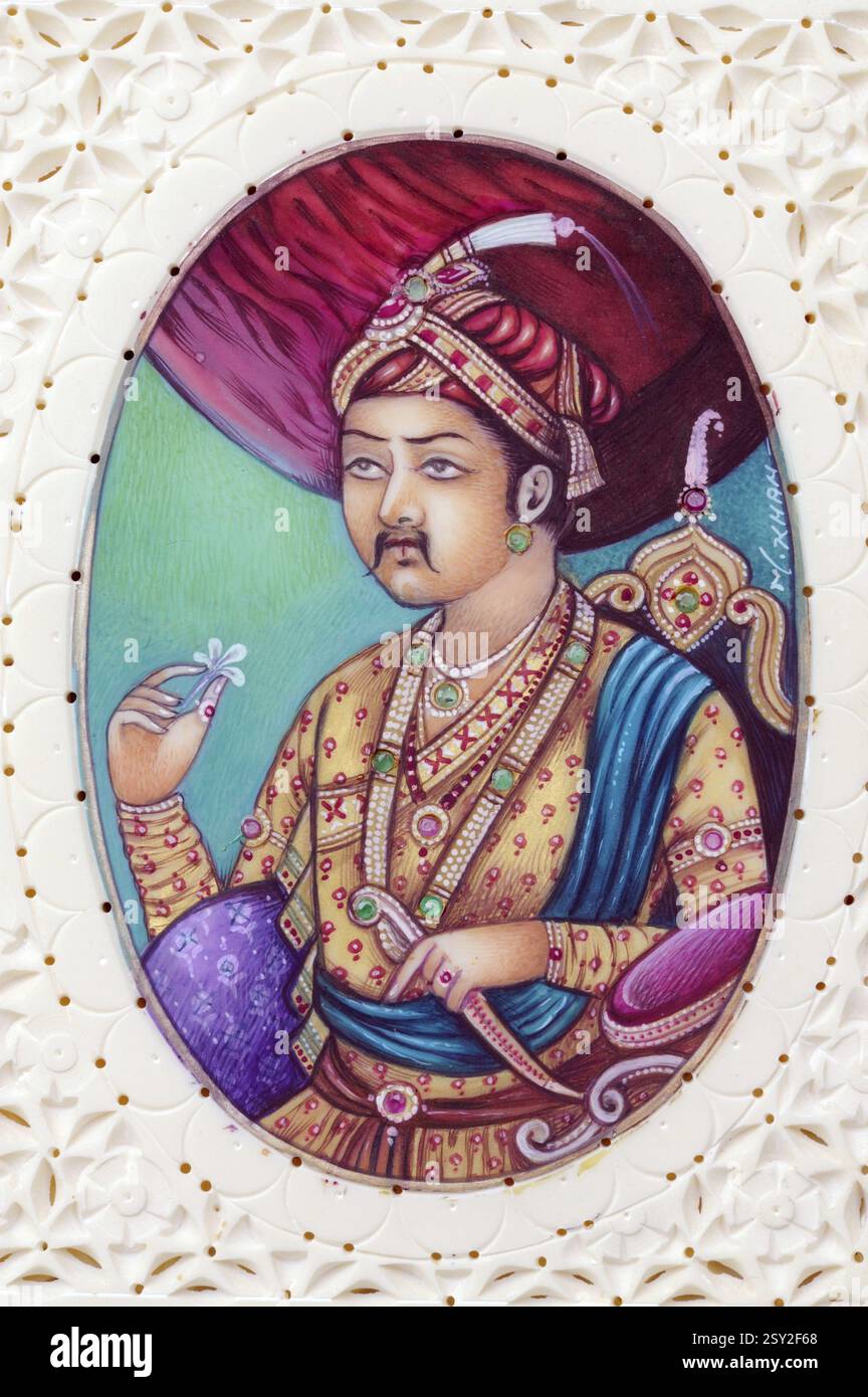Miniature painting of mughal emperor akbar Stock Photo - Alamy