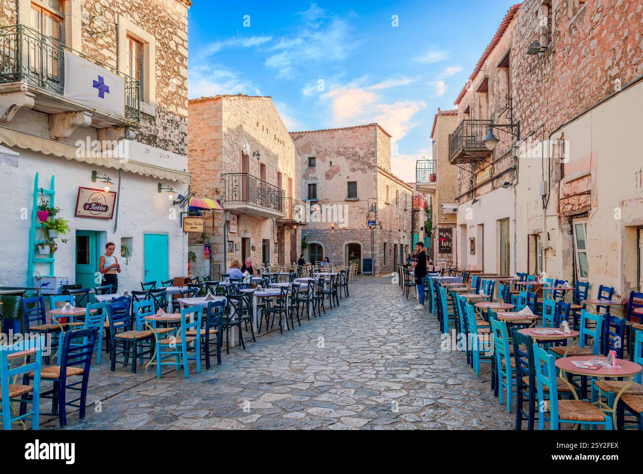 Kapetan Matapa St., the main cobblestone street of Areopolis, in Mani ...