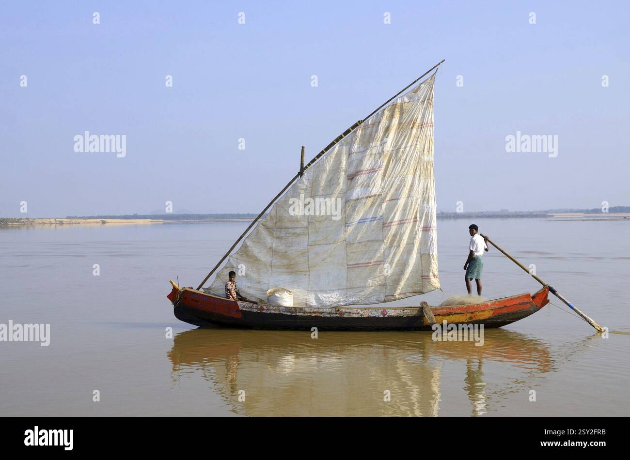 Fisherman sailing boat River Godavari Rajahmundry Andhra Pradesh India ...