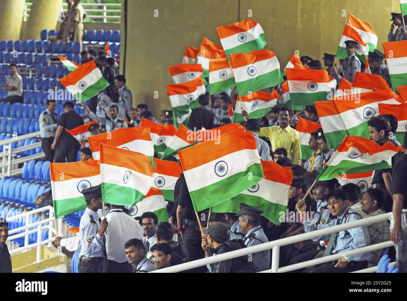Cricket fans waving Indian flag at D Y Patil cricket stadium, Nerul ...
