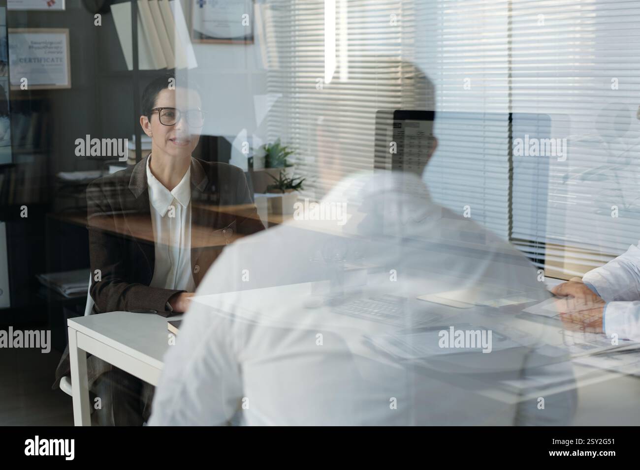 Female Medical Expert at Desk at Meeting with Doctor Stock Photo - Alamy