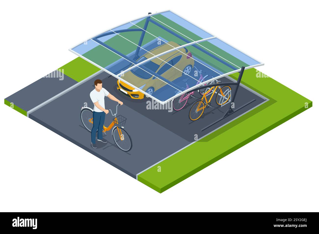 Bicycle rent parking zone with a transparent roof. Isometric bicycle ...