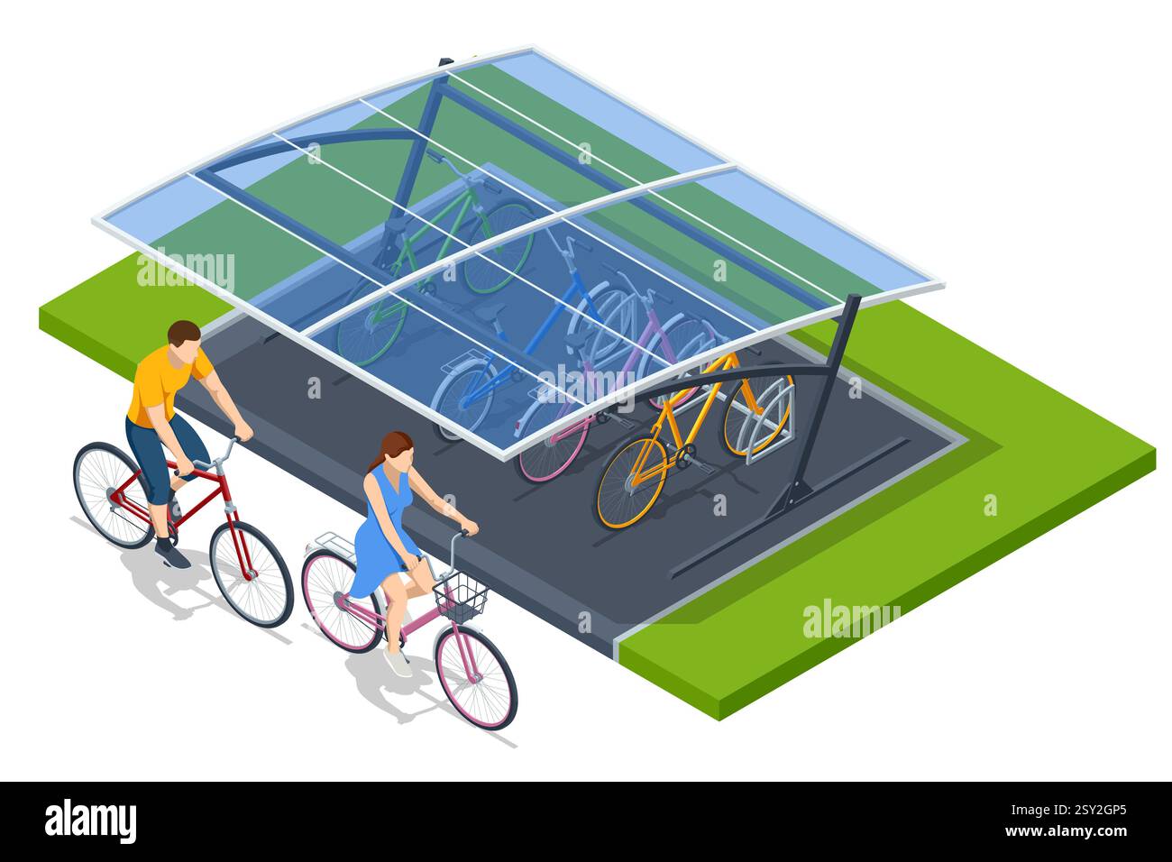 Bicycle rent parking zone with a transparent roof. Isometric bicycle ...