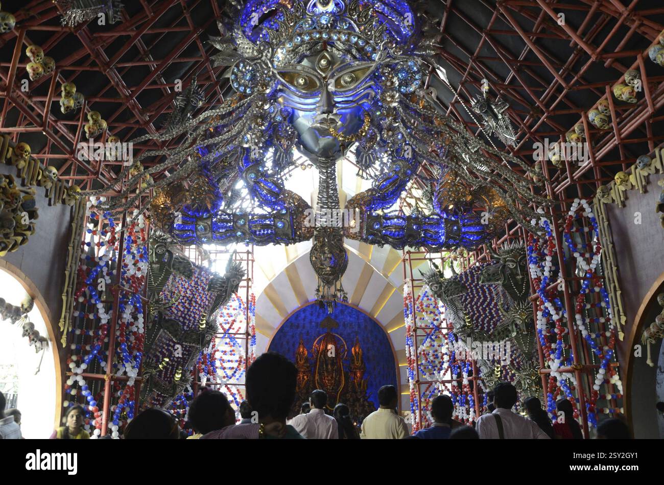 Decorated colourful Pandal with idol of Durga in Mudali at Kolkata ...