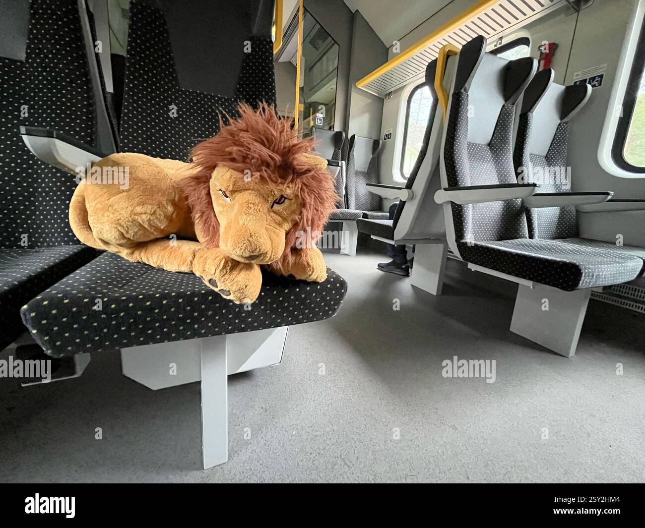 A whimsical lion plush toy is resting comfortably on an empty train ...