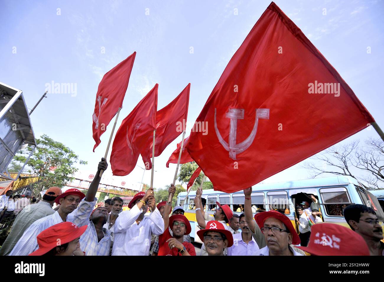 CPM Electioneering arrangement with Party flags and workers assembled ...