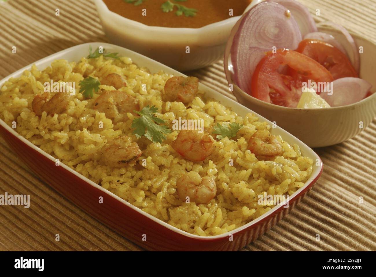 Indian Non veg food prawn fried rice with salad and curry Stock Photo ...