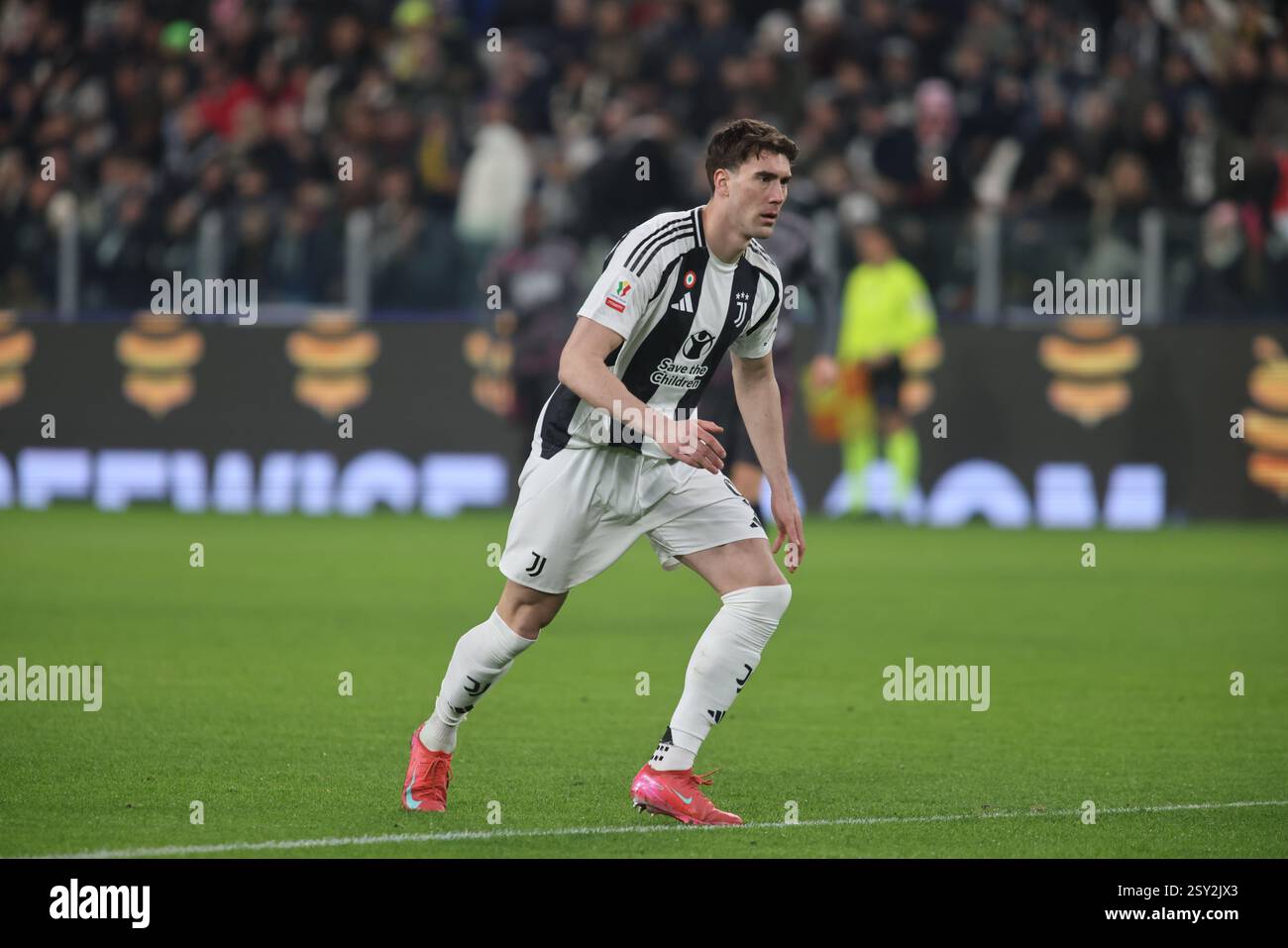 Turin, Italy. 26th Feb, 2025. Dusan Vlahovic of Juventus FC during the Coppa Italia 2024/25 ...
