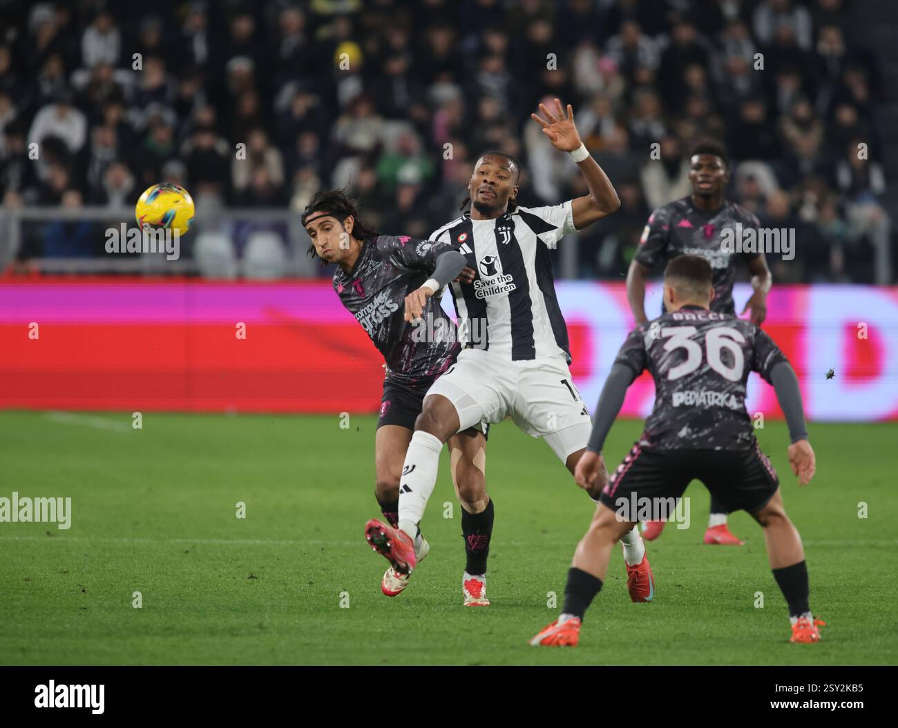 Turin, Italy. 26th Feb, 2025. Youssef Maleh of Empoli FC and Khephren Thuram of Juventus FC ...