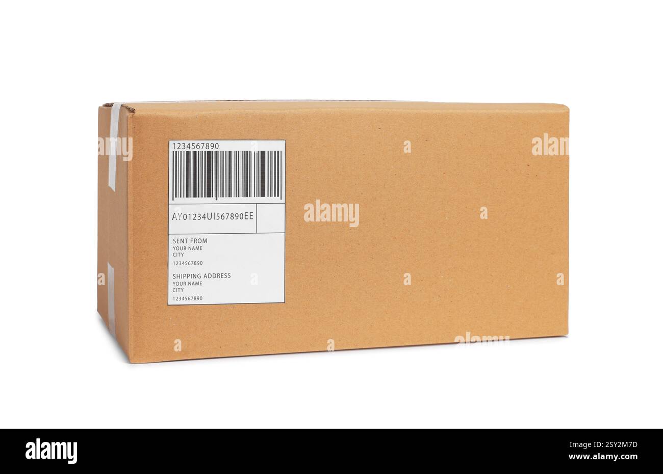 One parcel with shipment label isolated on white Stock Photo - Alamy