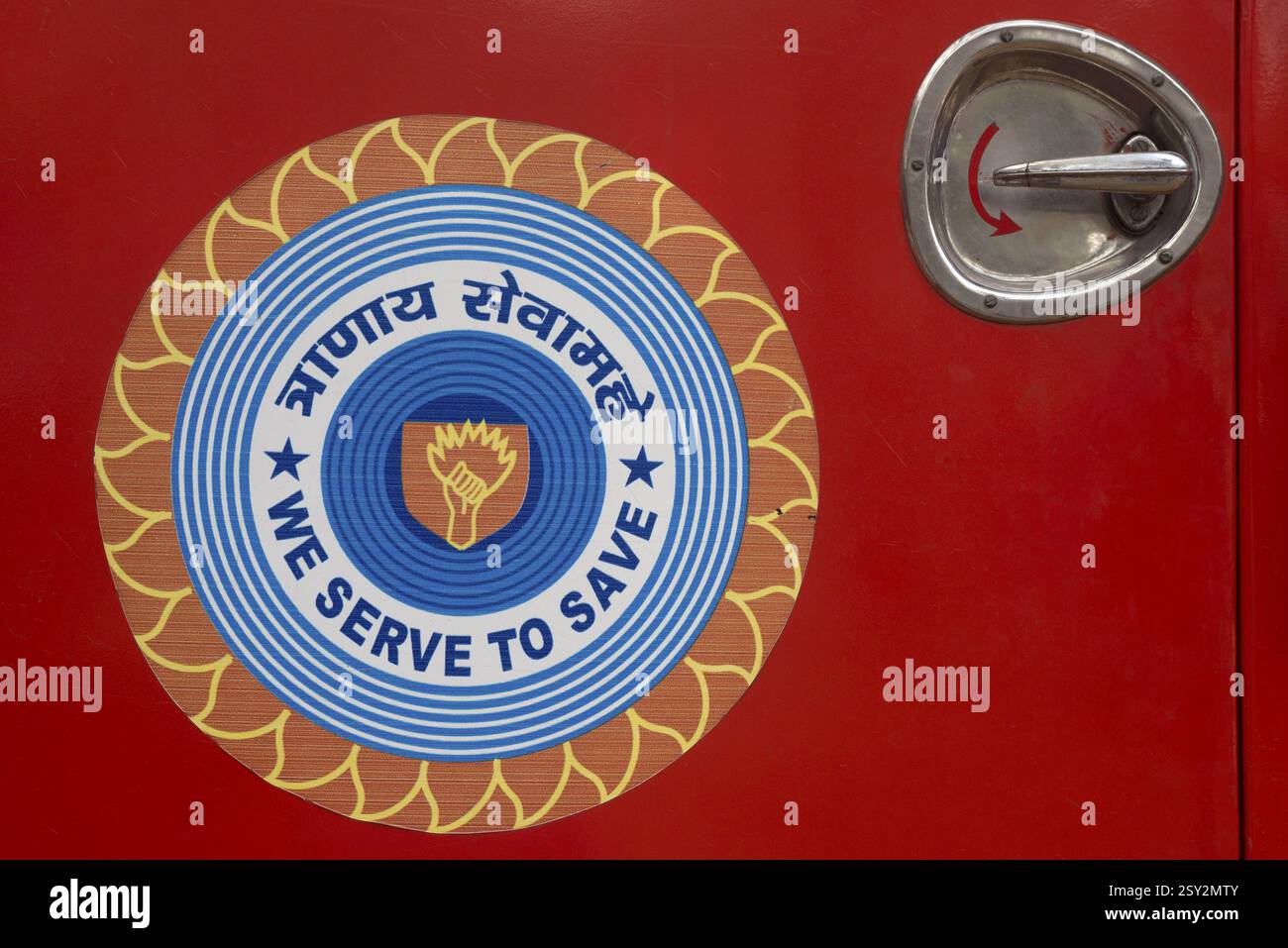 Fire brigade van with painted emblem motto, surajkund mela, faridabad ...