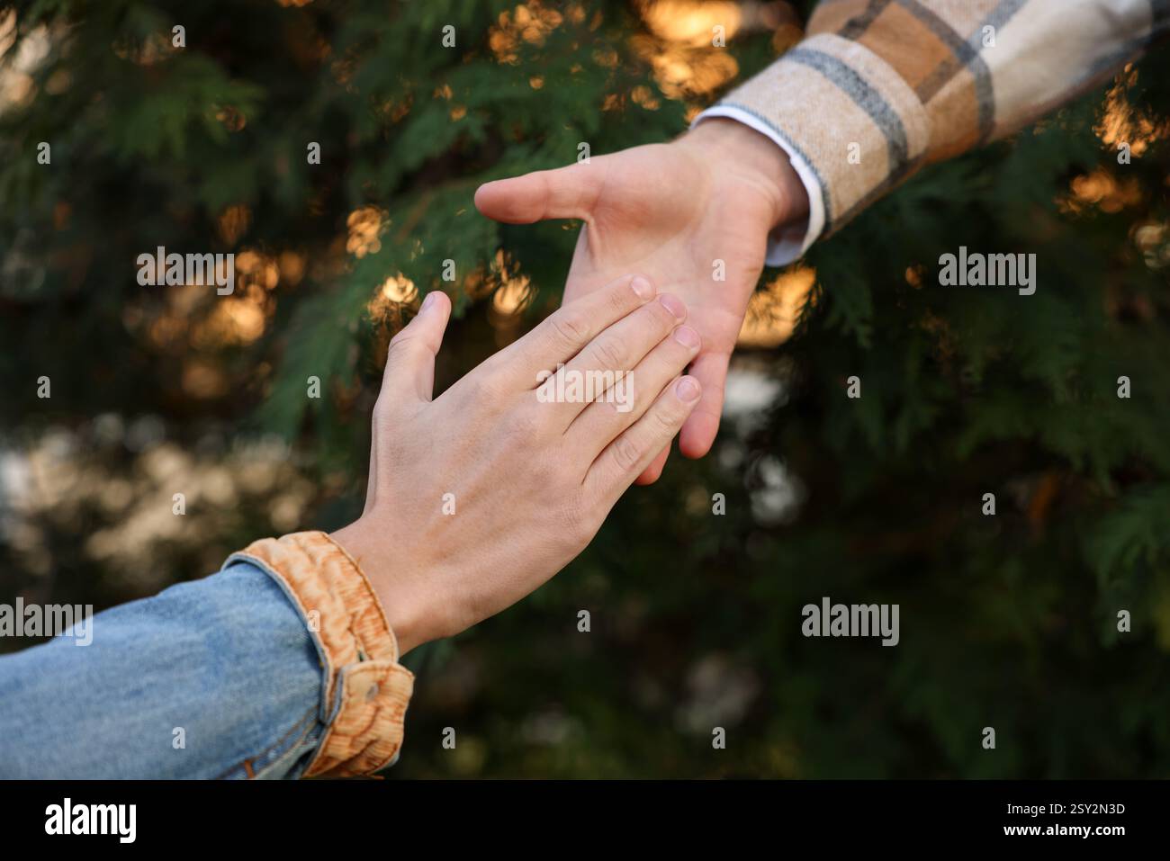Help and support. People holding hands outdoors, closeup Stock Photo ...