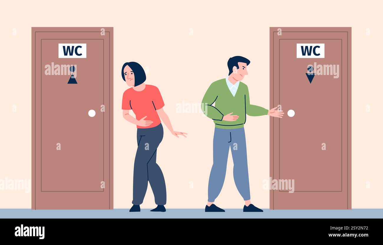 Male female waiting toilet. People need poo or pee and wait near door ...