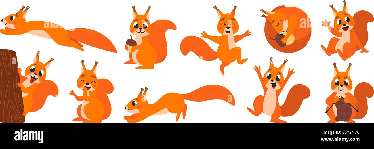 Funny squirrel. Cartoon squirrels jump, peeking from tree, knitting and ...