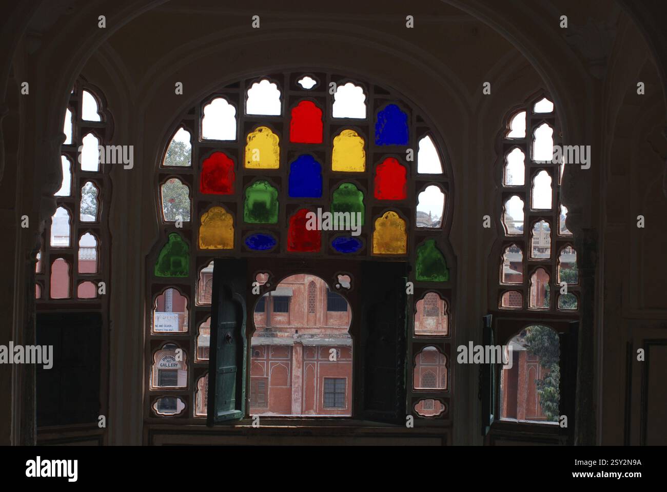 Stained glass window inside hawa mahal, jaipur, rajasthan, india, asia ...