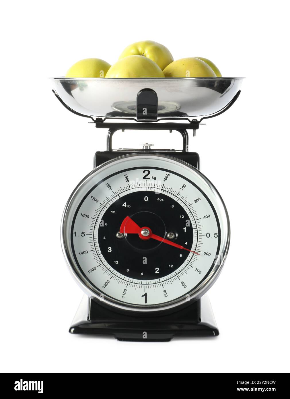 Retro mechanical kitchen scale with apples isolated on white Stock ...