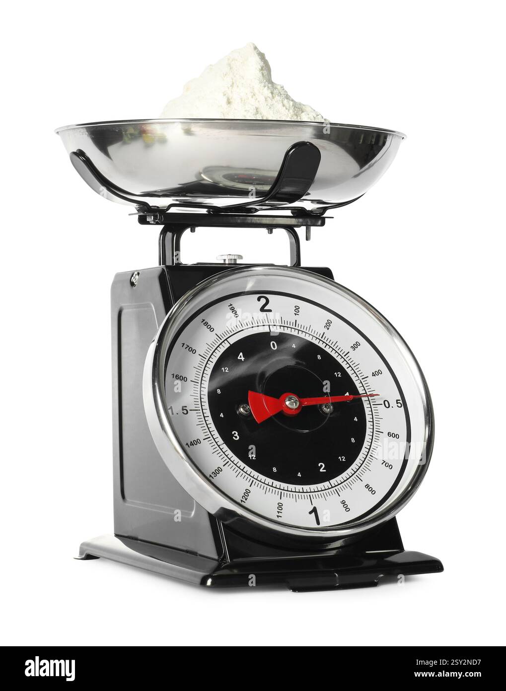 Retro mechanical kitchen scale with flour isolated on white Stock Photo ...