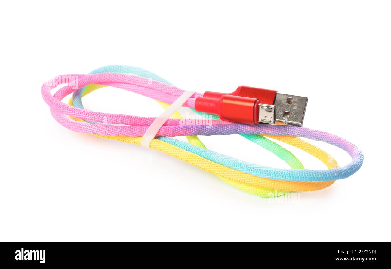 Colorful USB charge cable isolated on white Stock Photo - Alamy