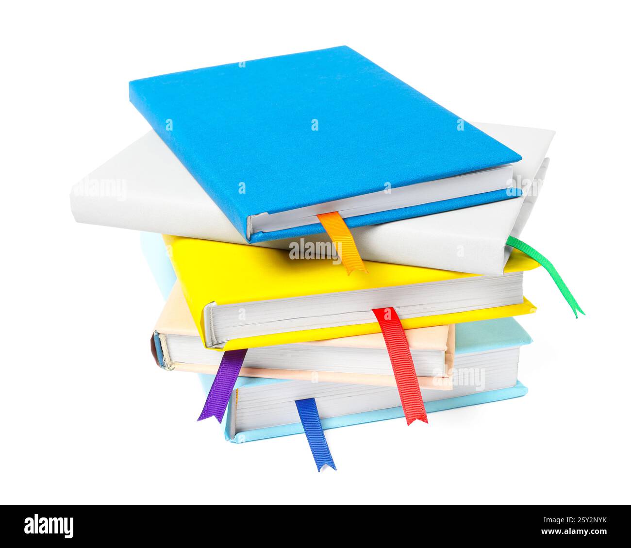 Books with ribbon bookmarks isolated on white Stock Photo - Alamy