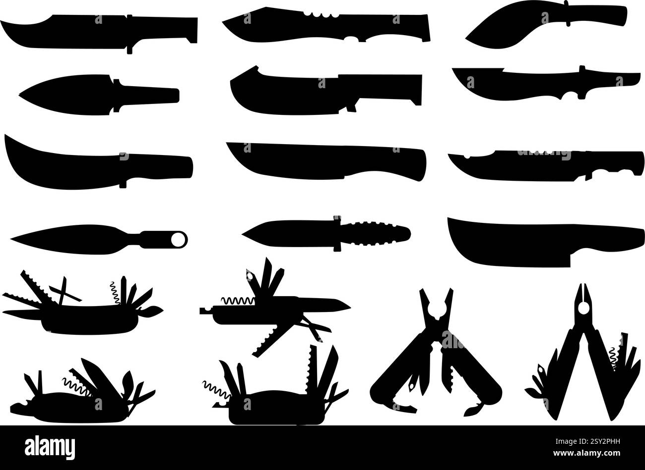 Black knives silhouettes. Survival knife multitools different shapes ...