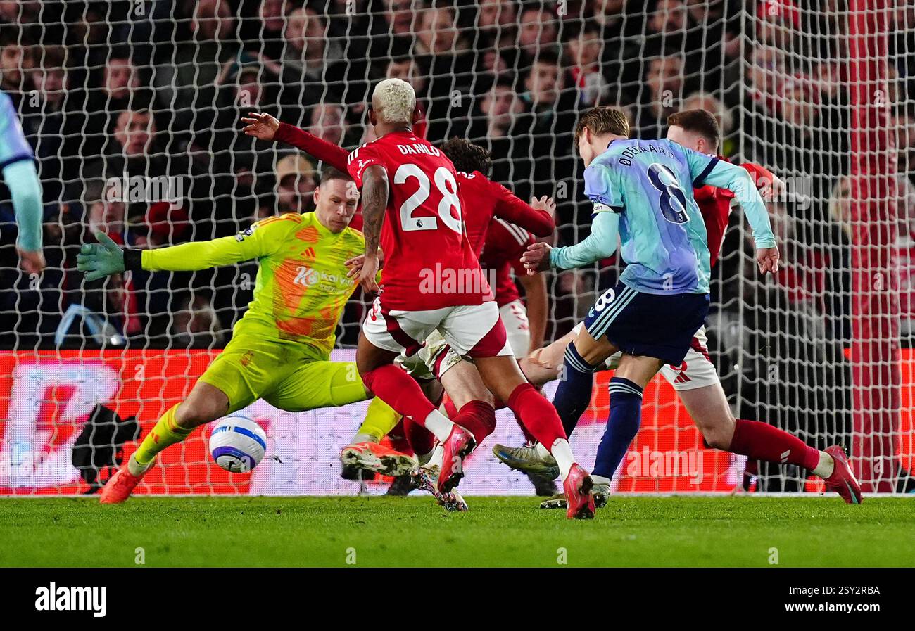 Nottingham Forest goalkeeper Matz Sels saves from Arsenal's Martin ...